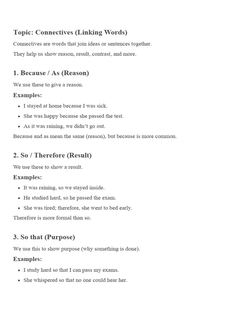 Topic- Connectives (Linking Words) | PDF