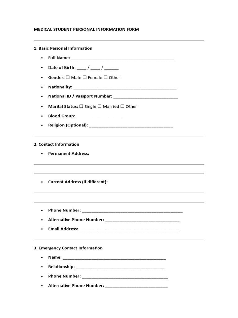 Medical Student Personal Information Form | PDF