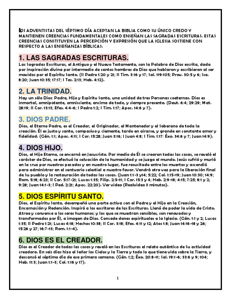 Las 28 Creencias de Los Adventistas Del Septimo Día 1. | PDF | eucaristía | Cristo (título)