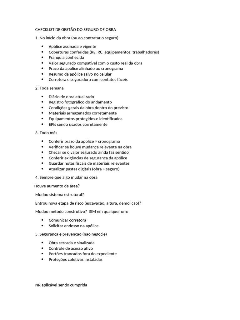 Checklist de Gestão Do Seguro de Obra | PDF