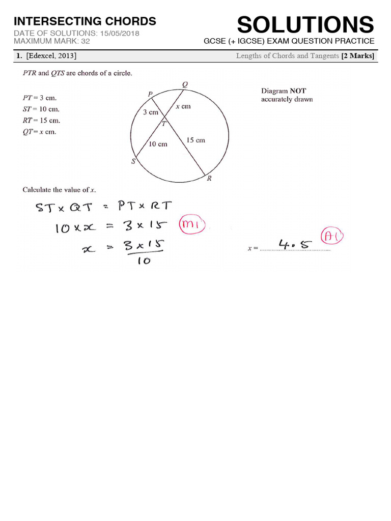 Intersecting Chords Gcse 9 1 Practice Questions 30281 | PDF