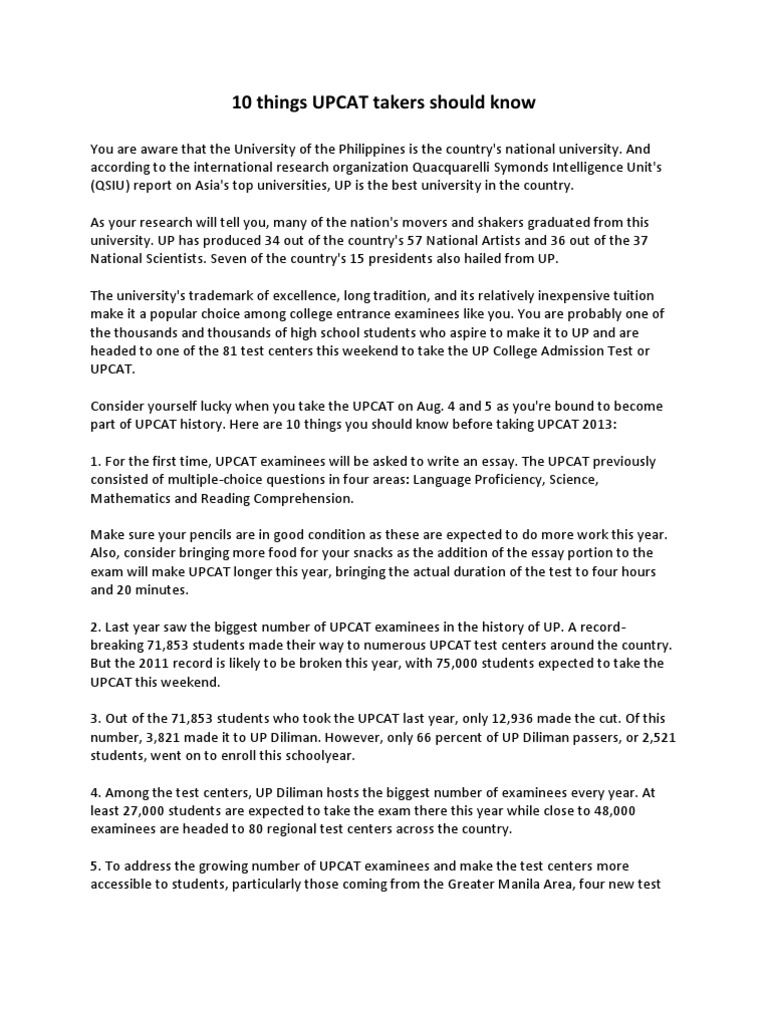 10 Things UPCAT Takers Should Know | PDF | Test (Assessment) | Quality ...