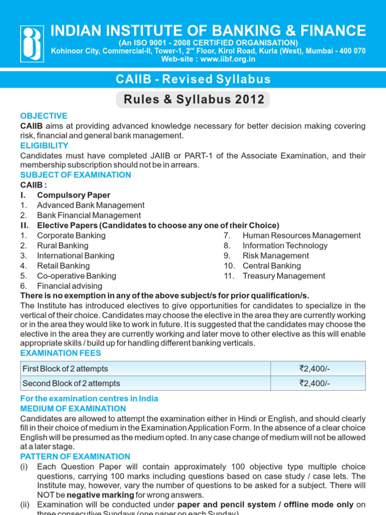 CAIIB Syllabus | PDF | Risk | Reserve Bank Of India