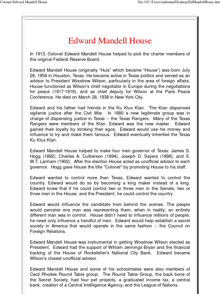 Colonel Edward Mandell House 1 | PDF | Economies | Government