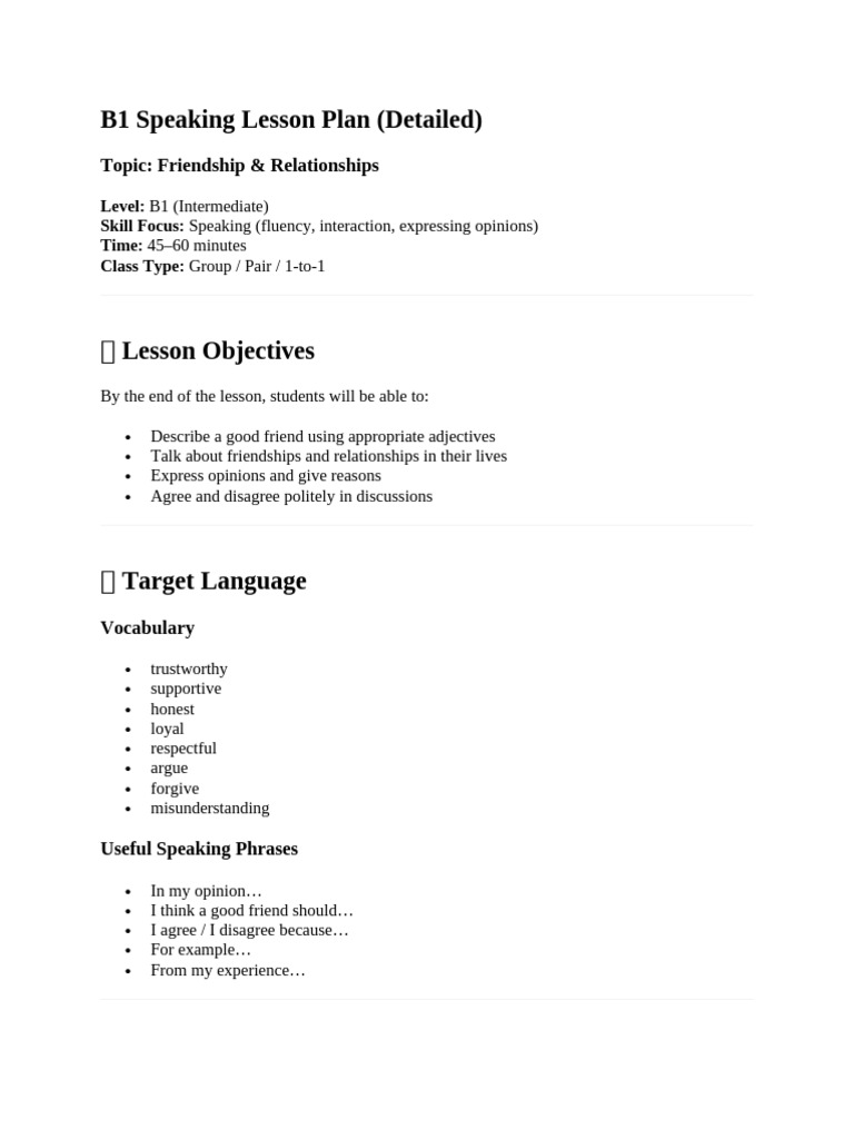 Lesson Plan For Friendship | PDF | Fluency | Cognition