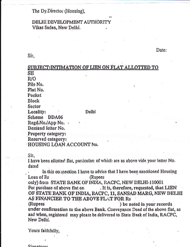 Lien Request Letter to DDA | PDF