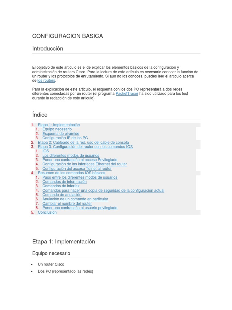 Configuracion Basica Router Cisco | PDF | Enrutador (Computación) | Dirección IP