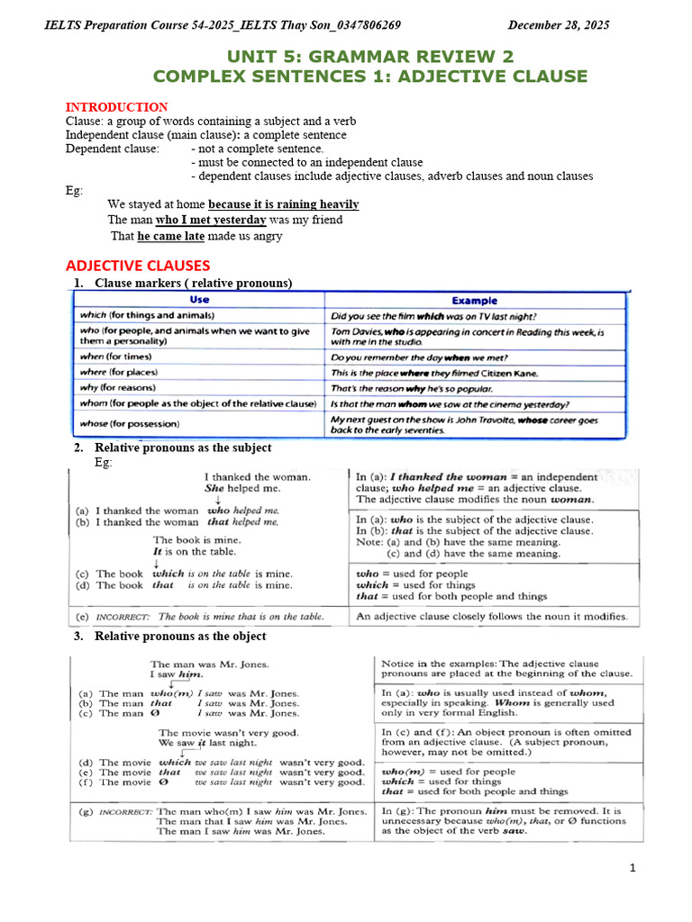Unit 5_Grammar Review 2_Adjective Clauses | PDF | Clause | Adjective