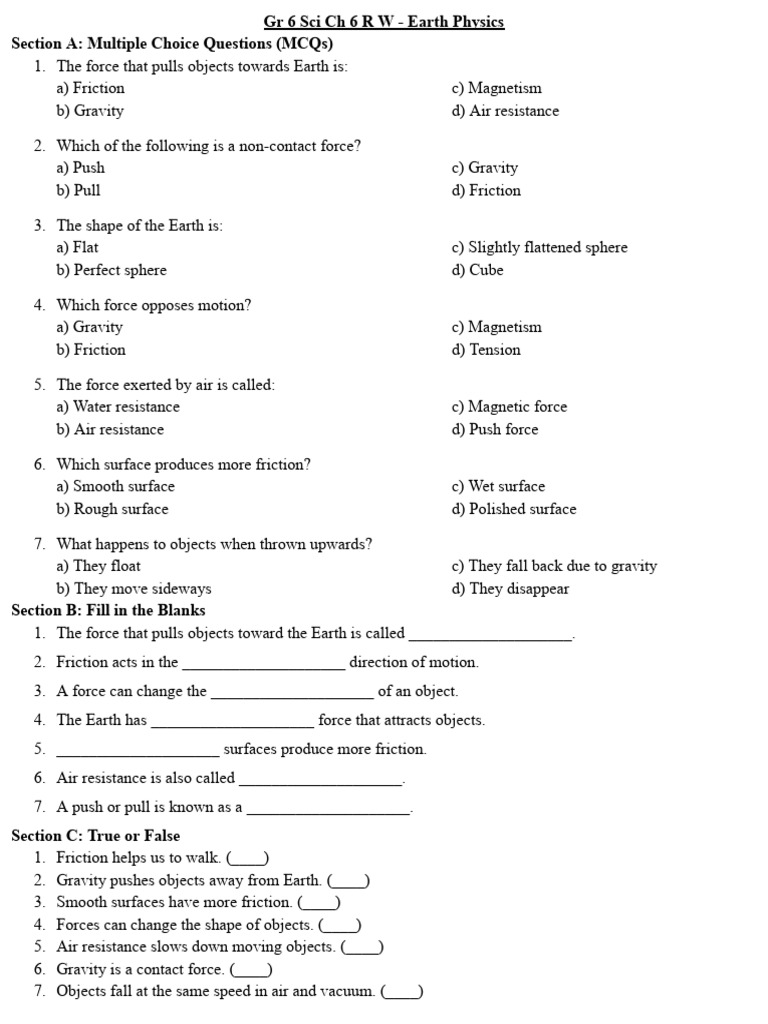 GR 6 Sci CH 6 R W - Earth Physics | PDF | Force | Friction