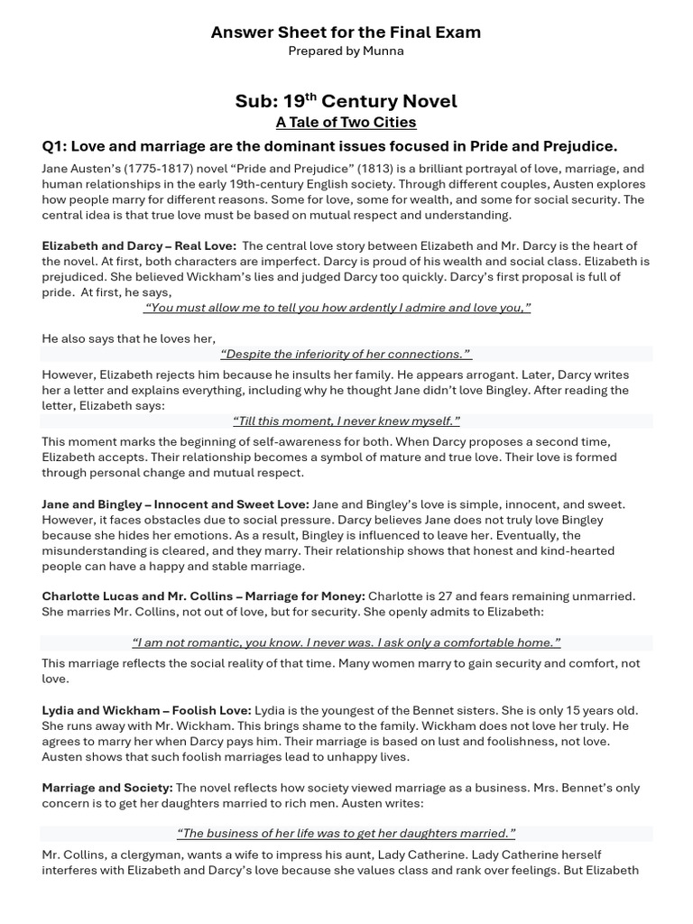 AnswerSheet for the Final Exam | PDF | Mr. Darcy | Pride And Prejudice