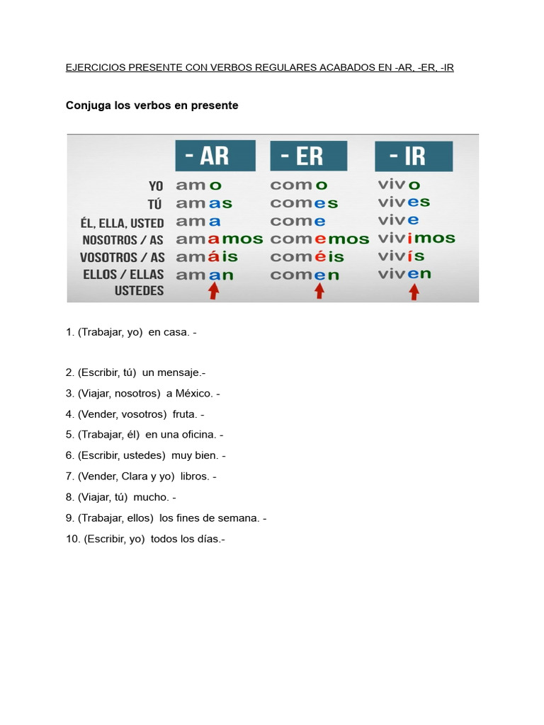 Ejercicios Presente Con Verbos Regulares Acabados en -Ar, -Er, -Ir | PDF