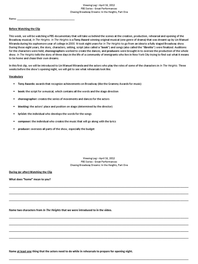 "In The Heights", 5th Grade Language Arts Unit, Day 1, Viewing Log For ...