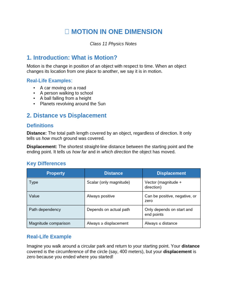 Motion in One Dimension Notes | PDF