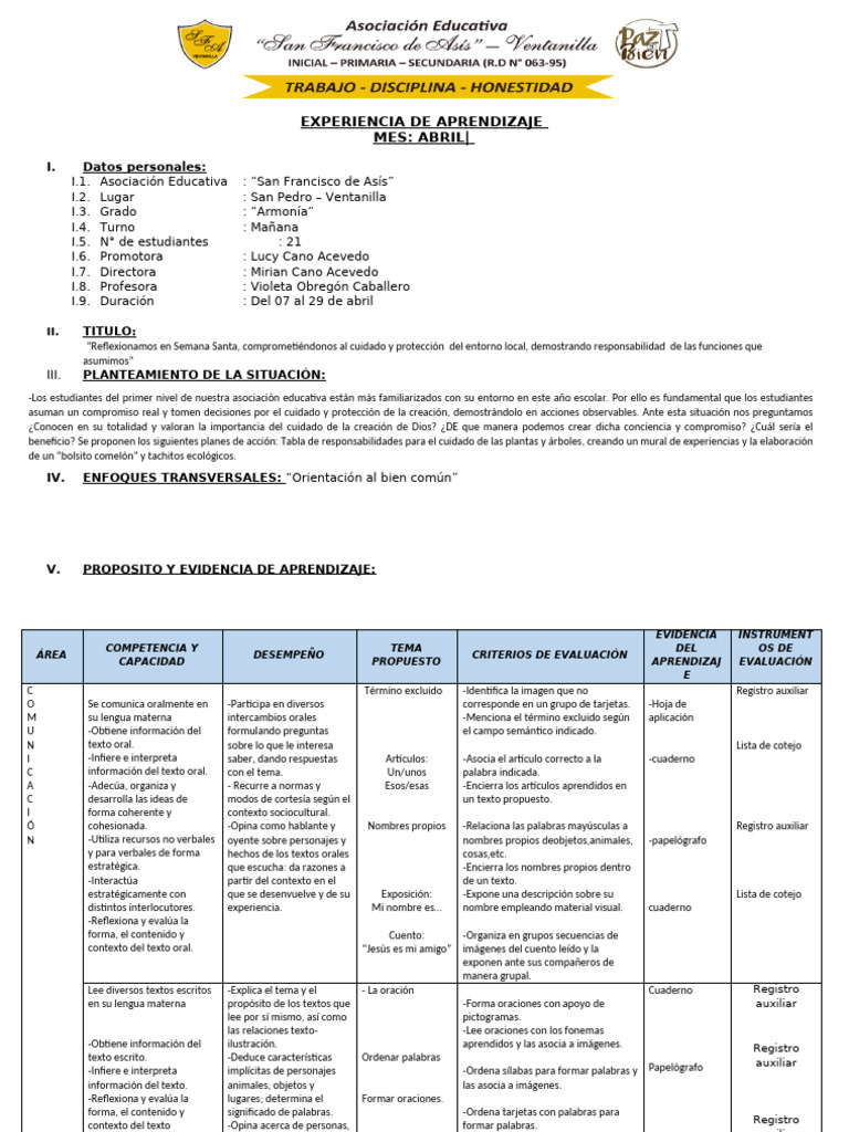 Experiencia de Aprendizaje ABRIL 2025. | PDF | Aprendizaje | Evaluación