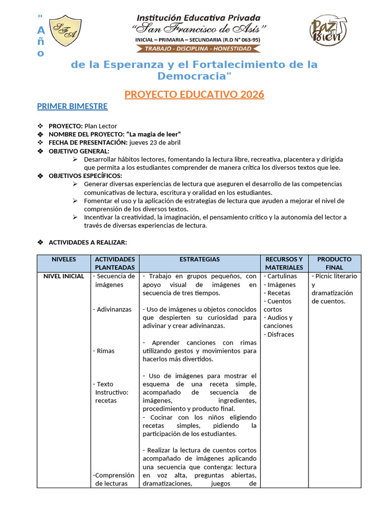 Proyecto 1 Bimestre - Pan Lector 2026 | PDF