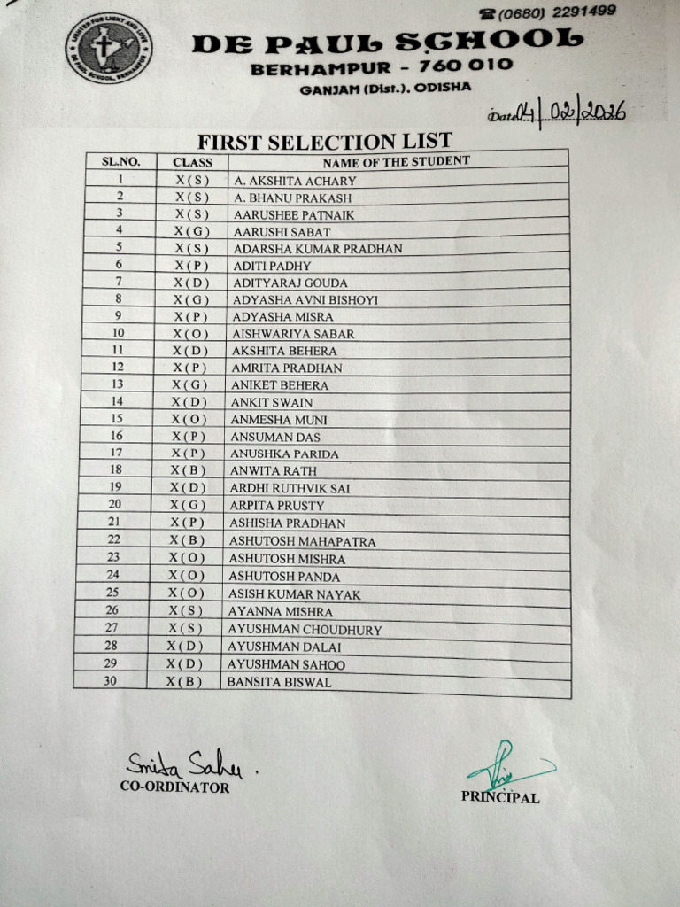 First Selection List for Class 11th | PDF