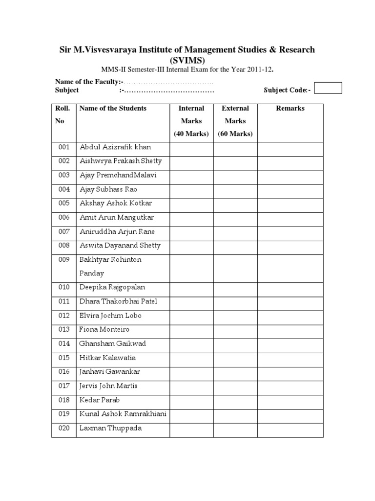 Internal Marksheet | PDF