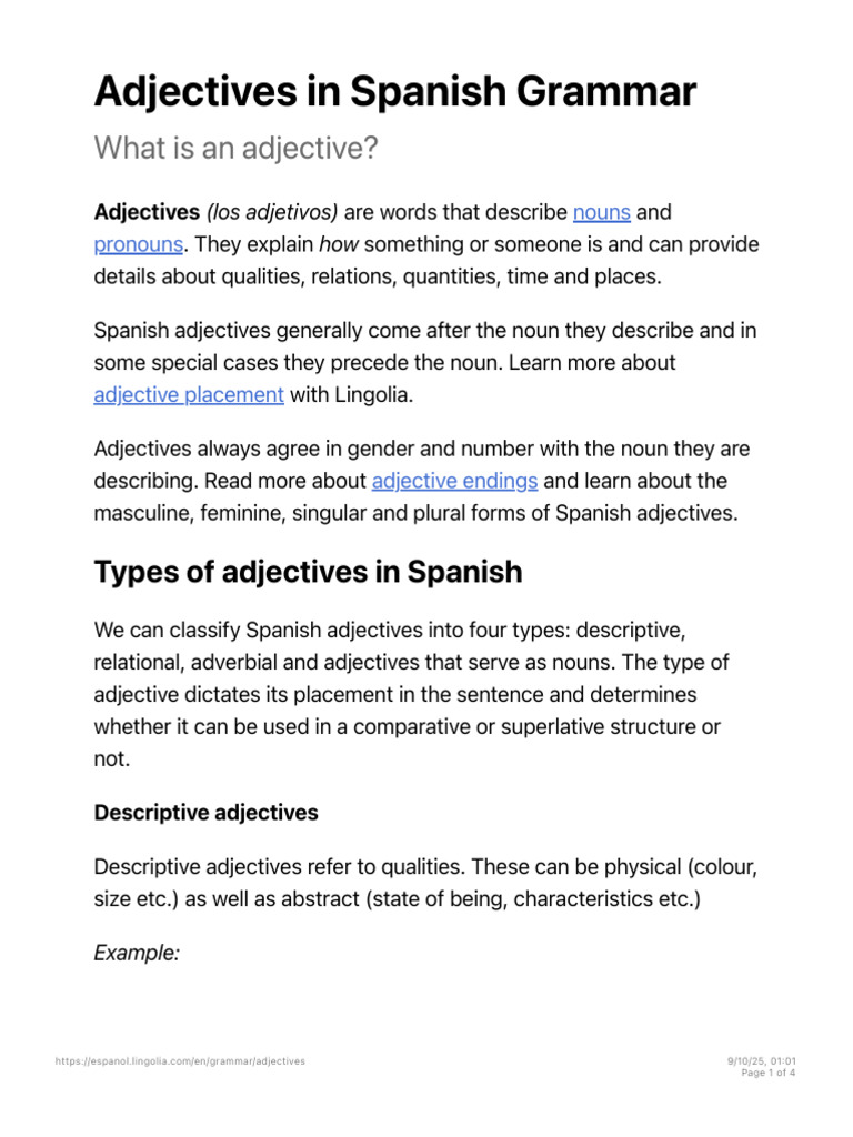 Adjectives in Spanish Grammar | PDF | Adjective | Noun