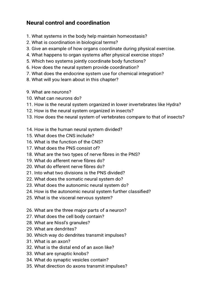 NEURAL CONTROL AND COORDINATION QUESTIONS NCERT | PDF | Synapse | Axon