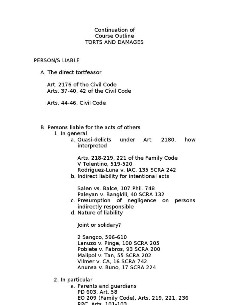 Torts Course Outline On Tortfeasor | PDF | Tort | Government Information