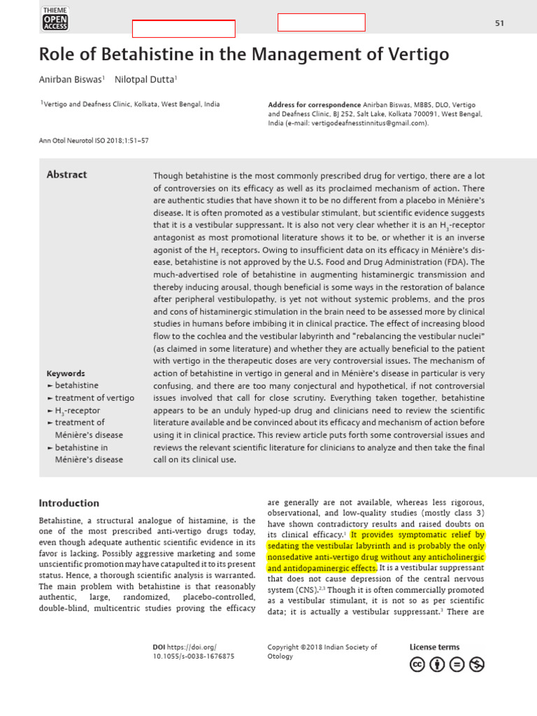 4-Role of Betahistine in the Management of Vertigo (1) | PDF | Vertigo ...