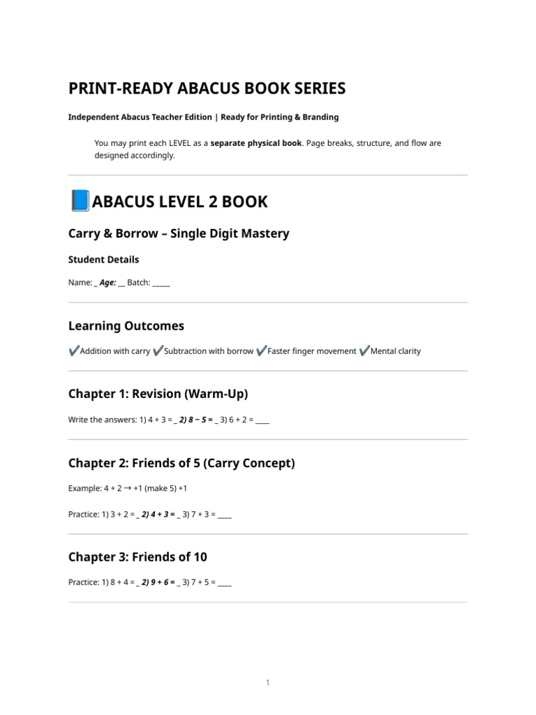 Print‑Ready Abacus Books – Levels 2, 3, 4 & 5 | PDF | Subtraction