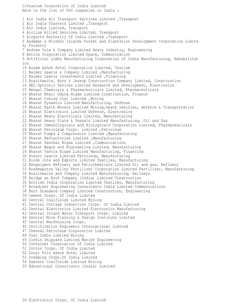 PSU Companies | PDF | Petroleum | Government Of India