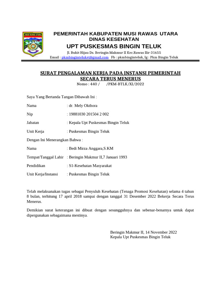 Surat Keterangan Puskesmas Bingin Teluk | PDF