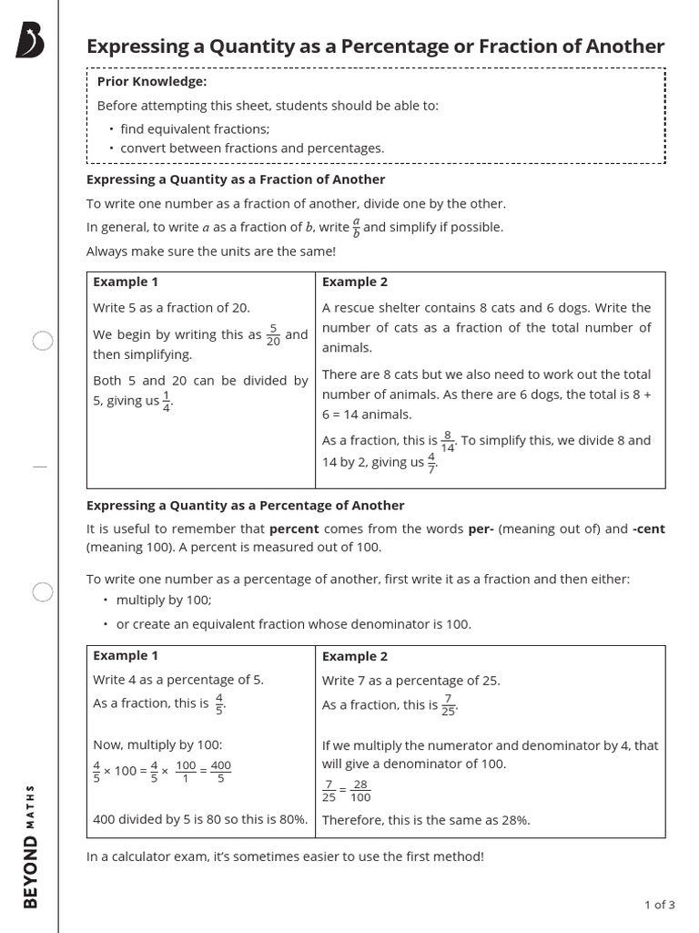 Expressing a Quantity as a Percentage or Fraction of Another (Print) | PDF