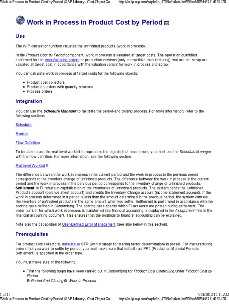 Work in Process in Product Cost by Period (SAP Library - Cost Object ...