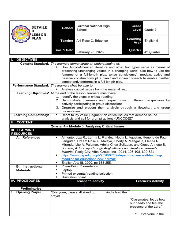 Q4 MODULE 5 Lesson Plan | PDF | Learning | Cognition
