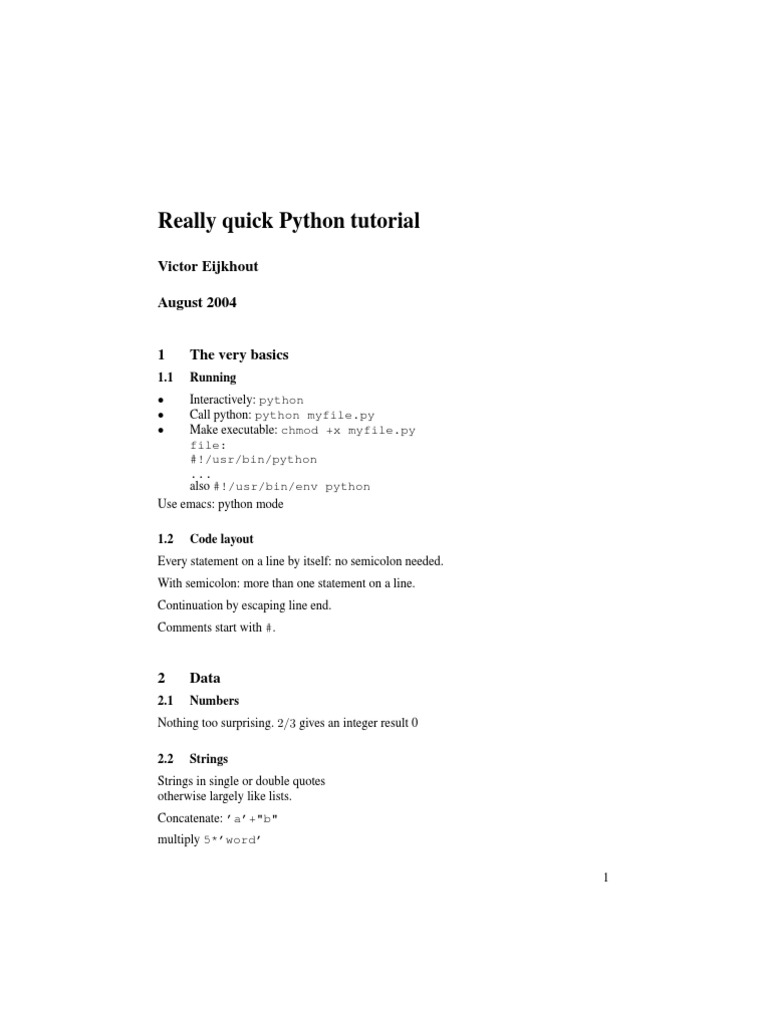 Really Quick Python Tutorial: Victor Eijkhout August 2004 | PDF ...