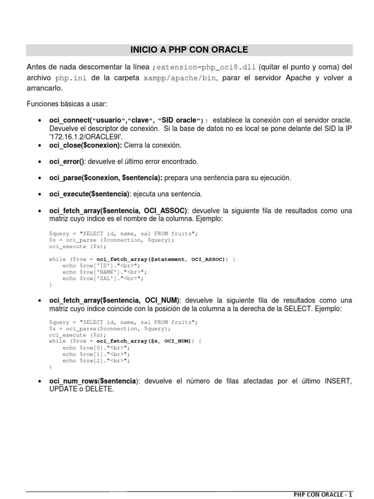 PHP y Oracle: Conexión y Consultas Básicas | PDF | Informática | Métodos y materiales de enseñanza