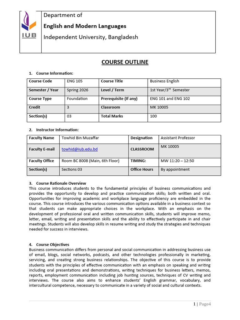 ENG105Section03BusinessEnglish Course Outline Spring2026 | PDF ...