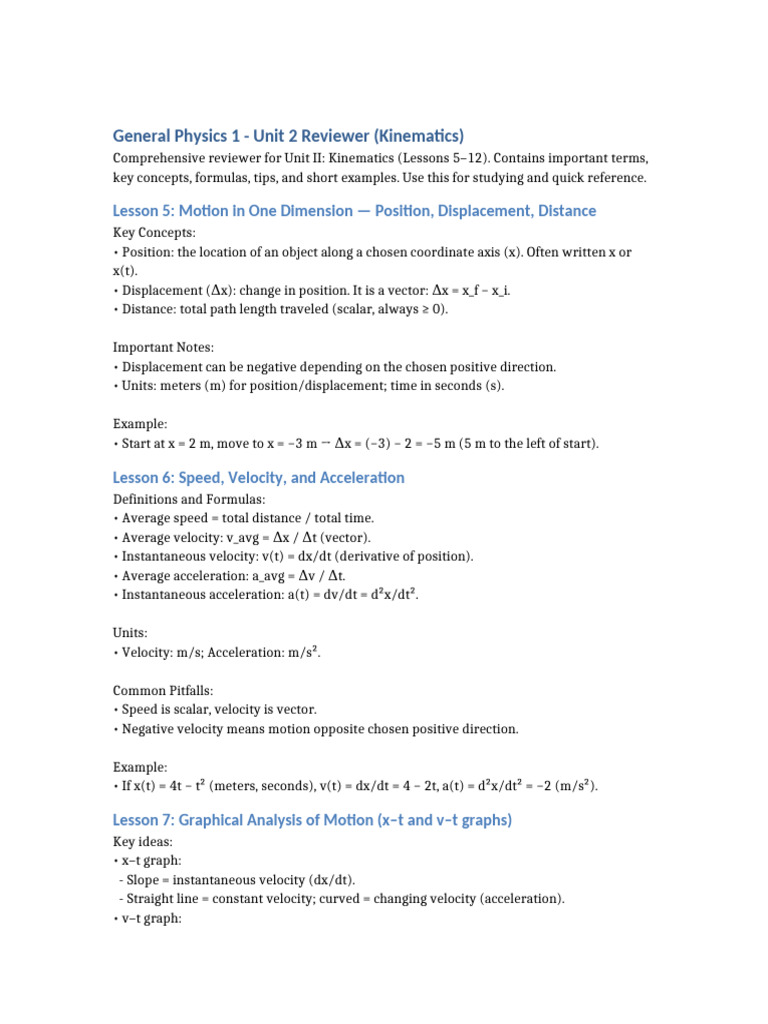 General Physics 1 Unit 2 Reviewer | PDF | Kinematics | Velocity