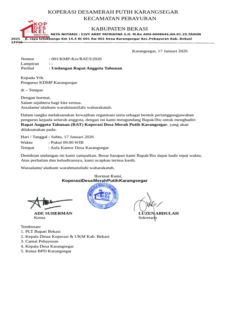 Surat Undangan - RAT 2026 KDMP Karangsegar 2026 | PDF
