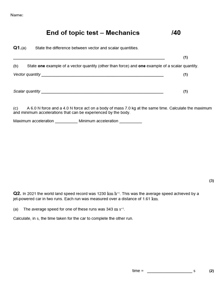 End of topic test – Mechanics | PDF | Force | Speed