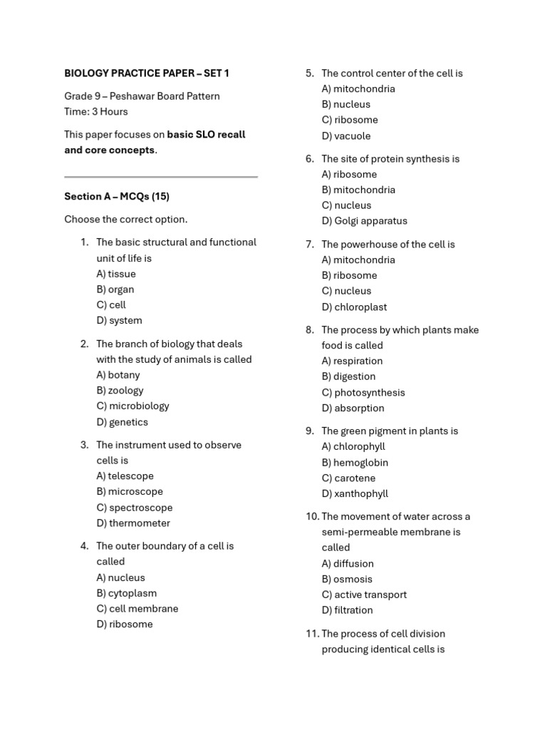 BIOLOGY PRACTICE PAPER 1 | PDF | Cell (Biology) | Biology
