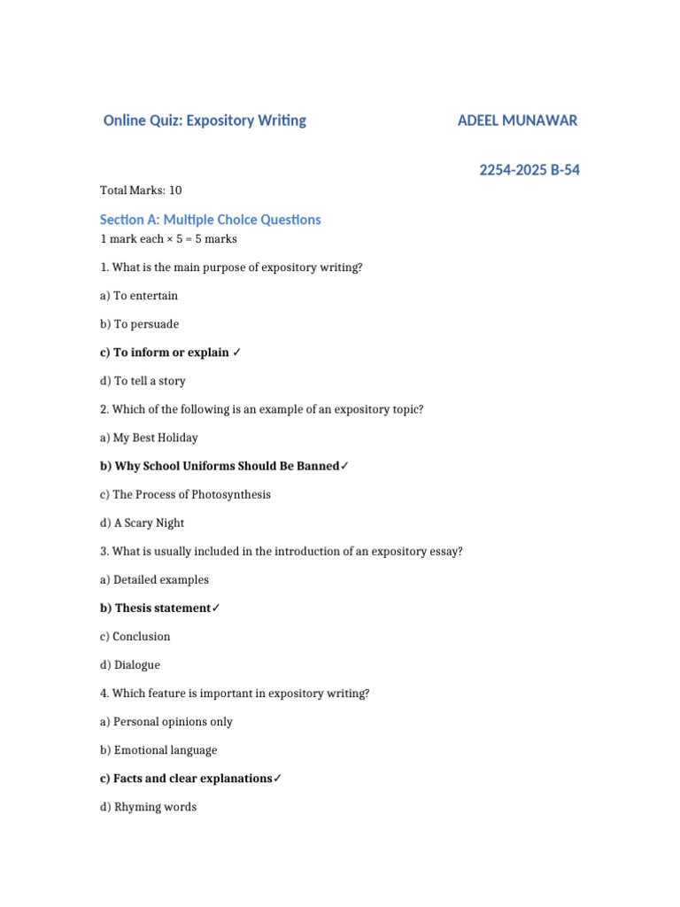 Online Quiz Expository Writing | PDF