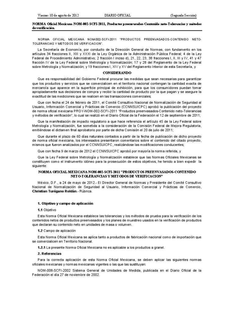 NORMA Oficial Mexicana NOM-002-SCFI-2011, Productos preenvasados ...