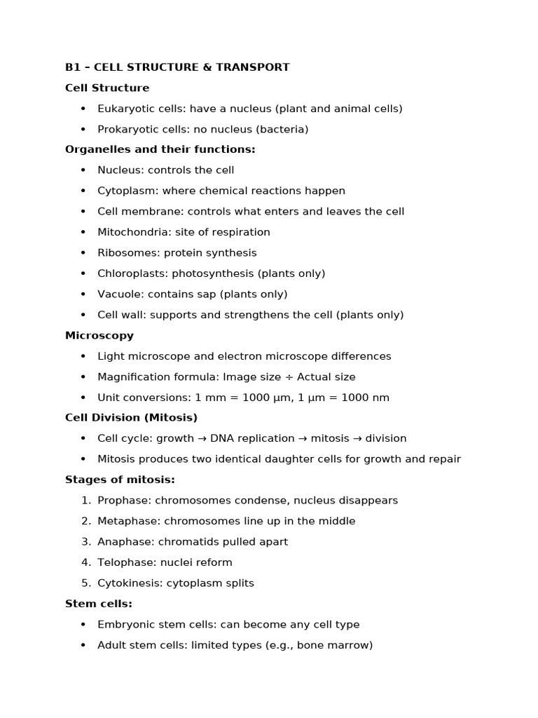 b1 – Cell Structure & Transport | PDF | Cell (Biology) | Lung