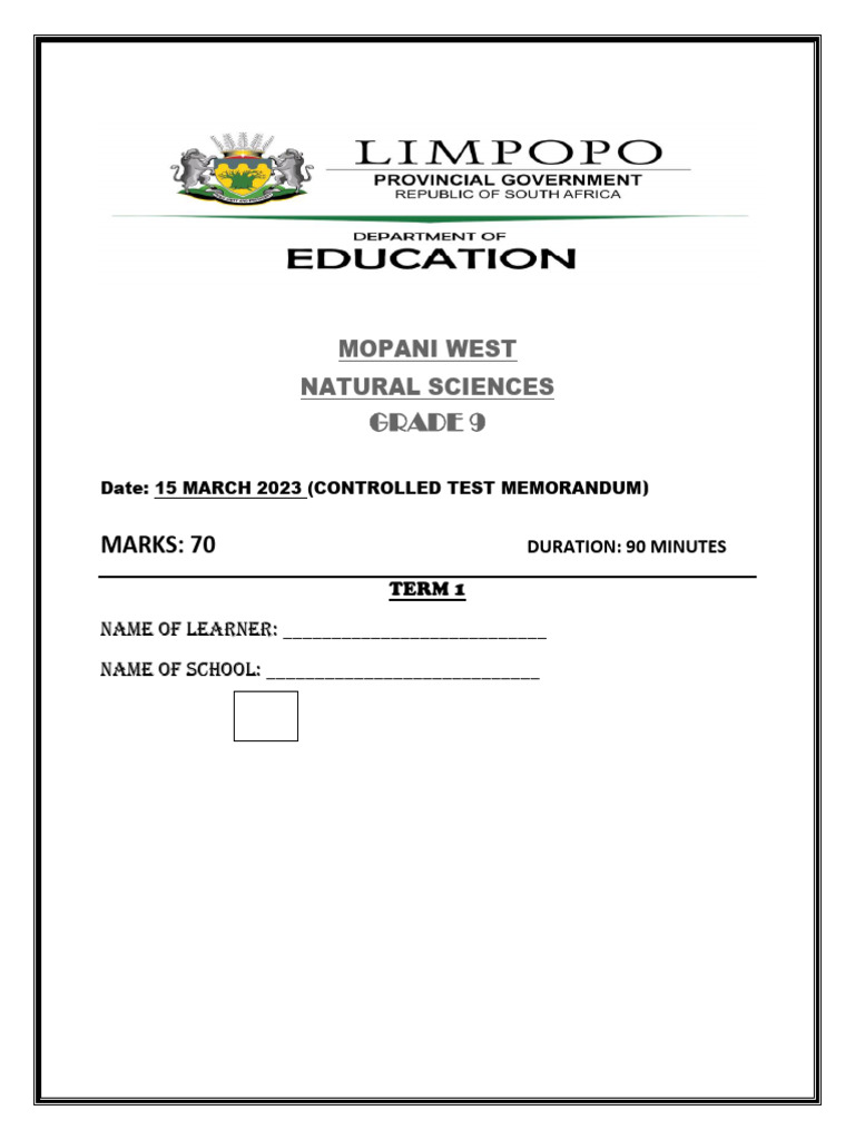 NATURAL SCIENCE GRADE 9 TERM1 COMMON TEST MEMO | PDF | Gastrointestinal ...