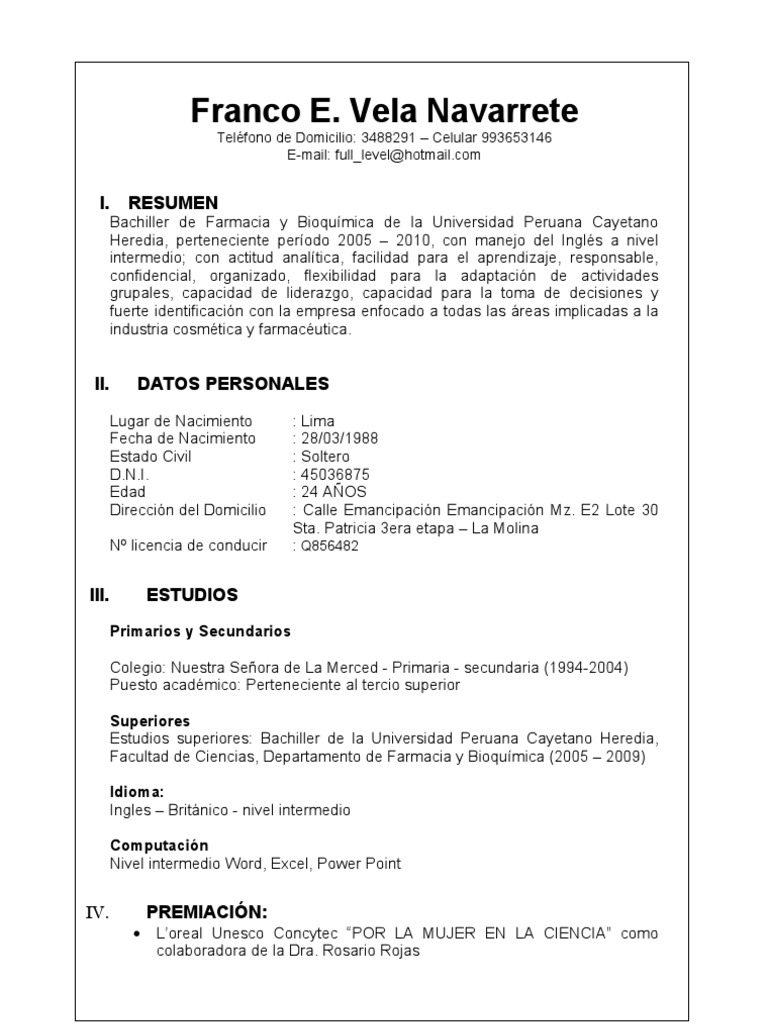 Curriculum Vitae Franco | PDF | Perú | Farmacia