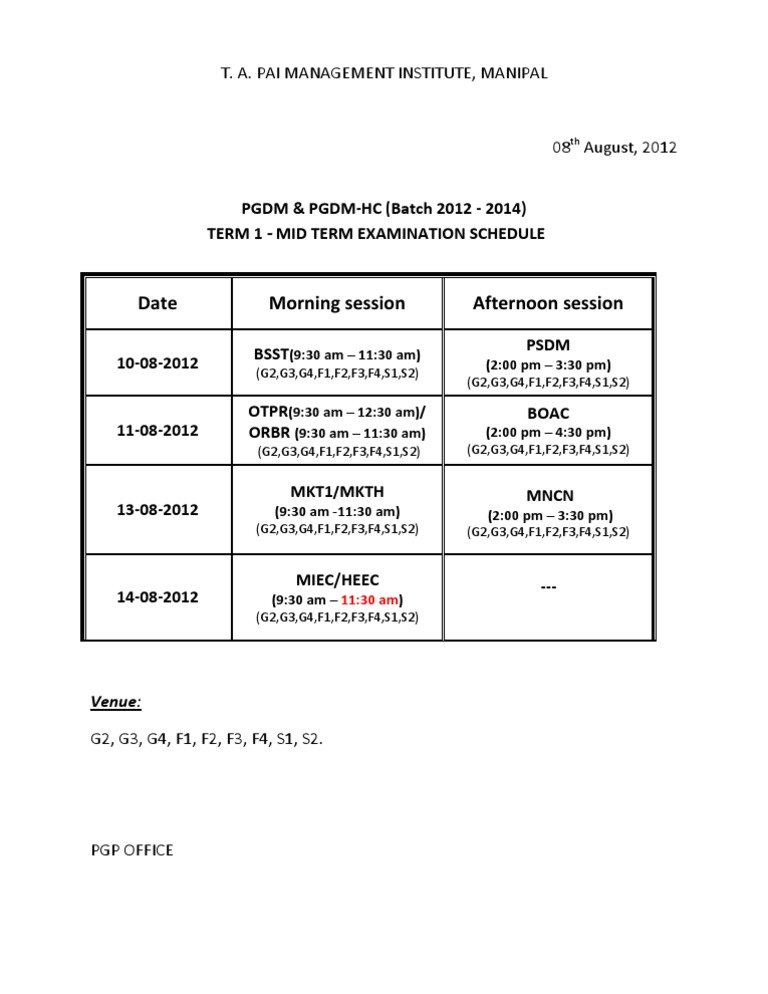 PGDM Mid Term Exam Schedule 2012 | PDF