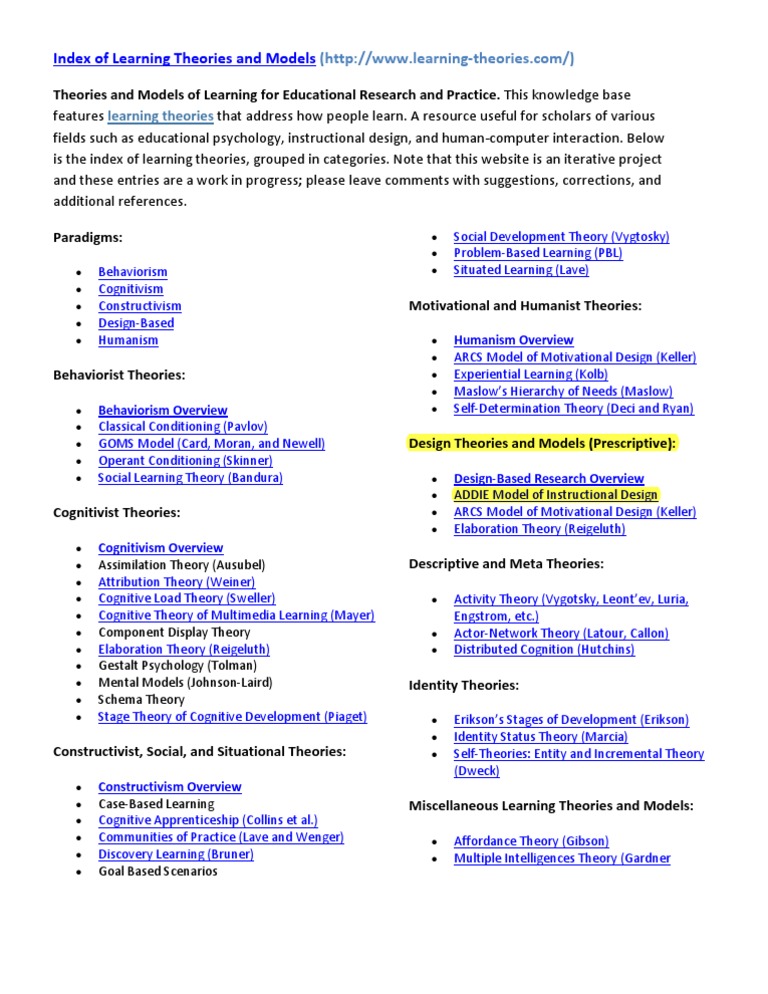 Index of Learning Theories and Models | PDF | Learning Theory ...