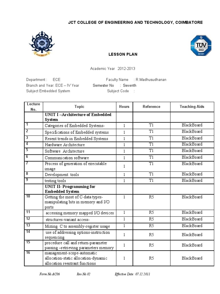 Embedded System Lesson Plan | PDF | Embedded System | Pic Microcontroller