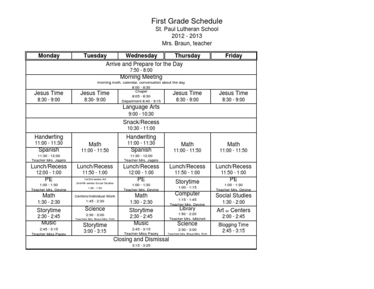 First Grade Daily Schedule 2012-2013 | PDF