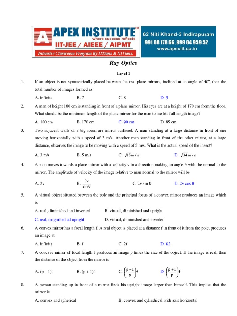 Ray Optics Assignment | PDF | Lens (Optics) | Refractive Index