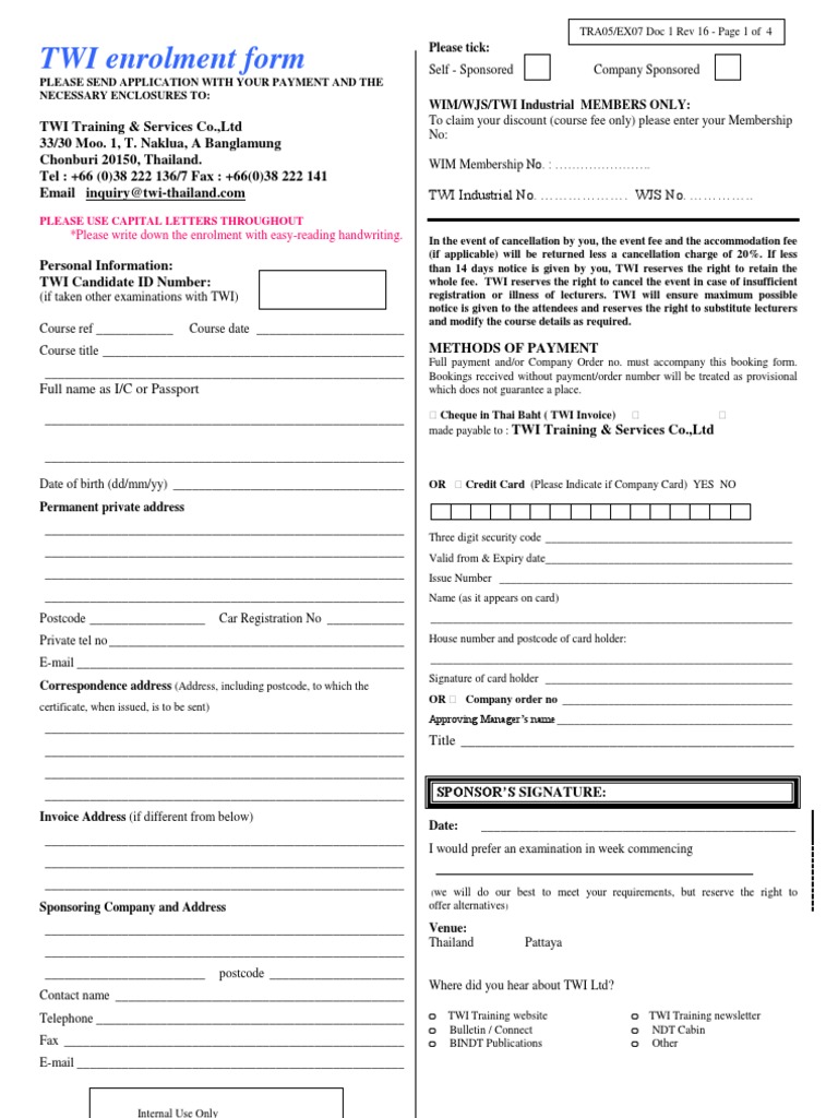TWI Enrolment Form - Thailand | PDF | Nondestructive Testing | Business