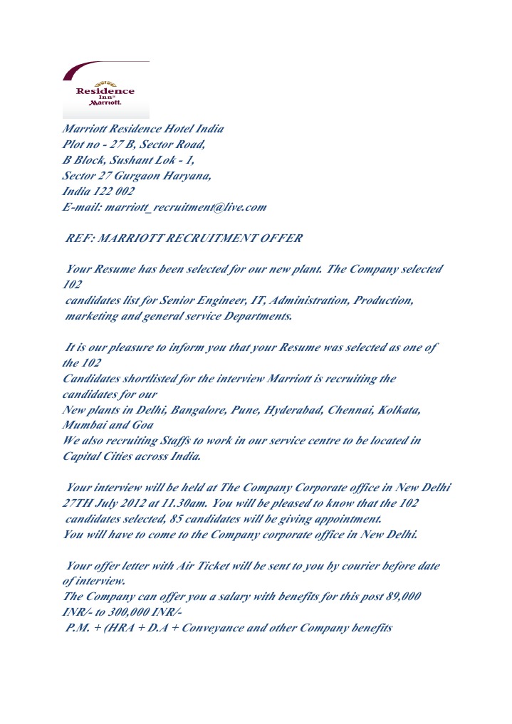 Invitation to interview for various positions at Marriott with ...